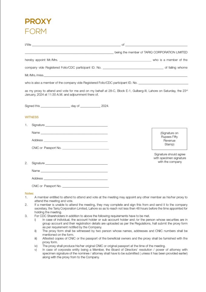 PROXY FORM – Tariq Corporation Limited