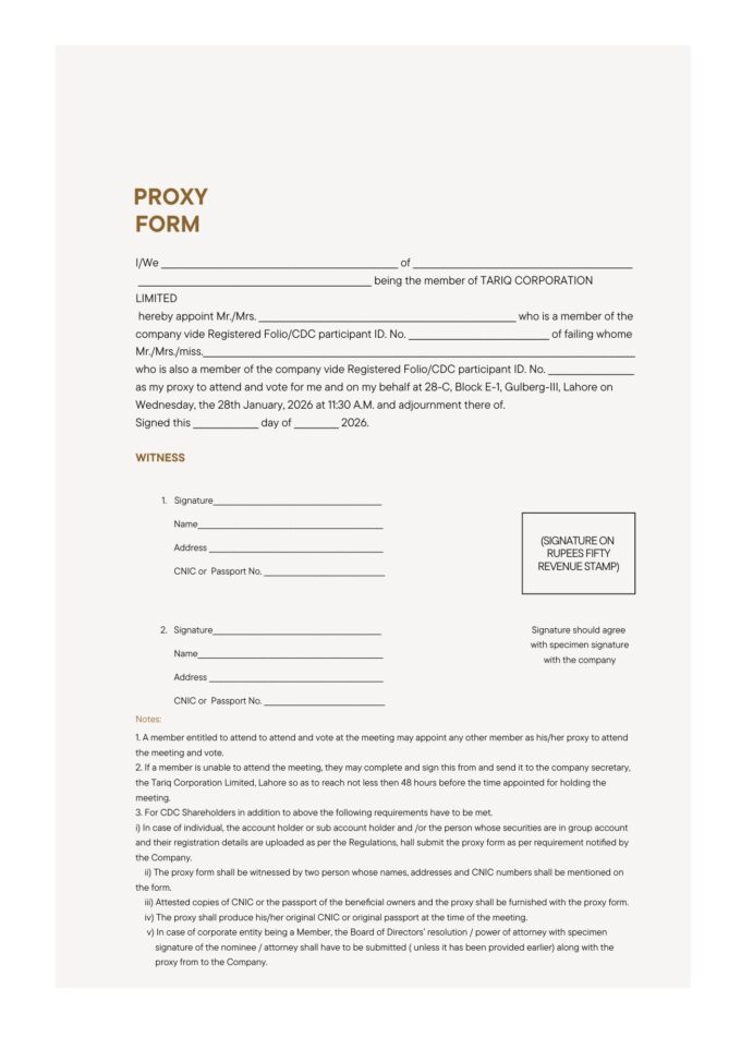 PROXY FORM – Tariq Corporation Limited